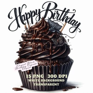 Elegant Black Birthday Cupcake Clipart, Watercolor Black Birthday ...