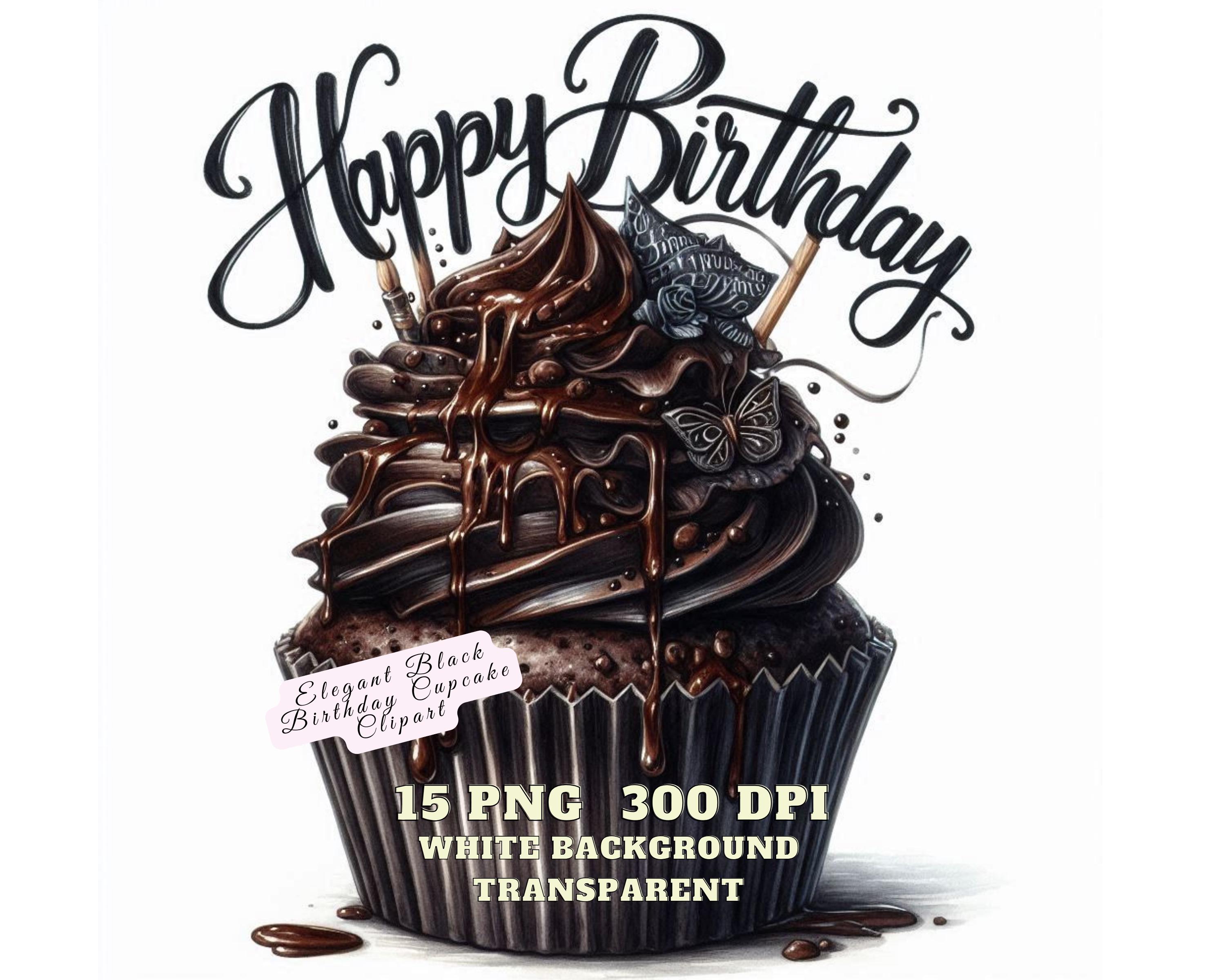 Elegant Black Birthday Cupcake Clipart, Watercolor Black Birthday ...