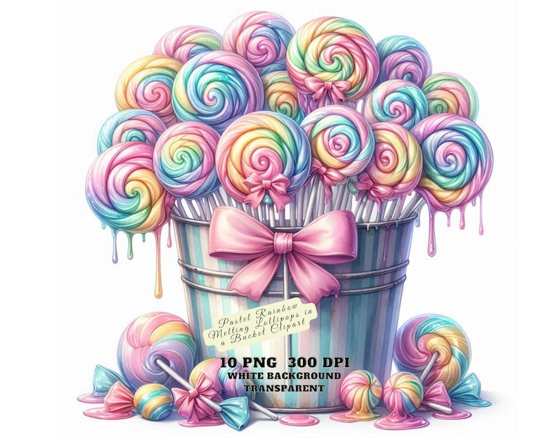 Lollipop Clipart, Pastel Rainbow Melting Lollipops in Bucket With Bow ...