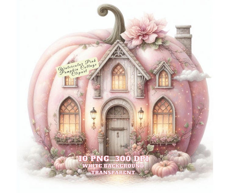 Watercolor Pink Pumpkin Cottage Clipart Bundle, 10 Fairy House Clipart ...