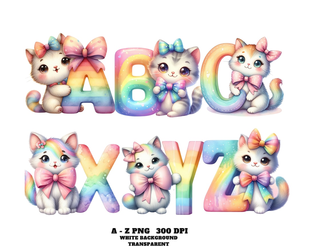 Rainbow Cat Alphabet Clipart, Cute Watercolor Baby Cat A–Z Letters PNG ...