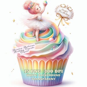 Birthday Cupcake Clipart, Rainbow Ballerina Birthday Cupcake Clipart ...