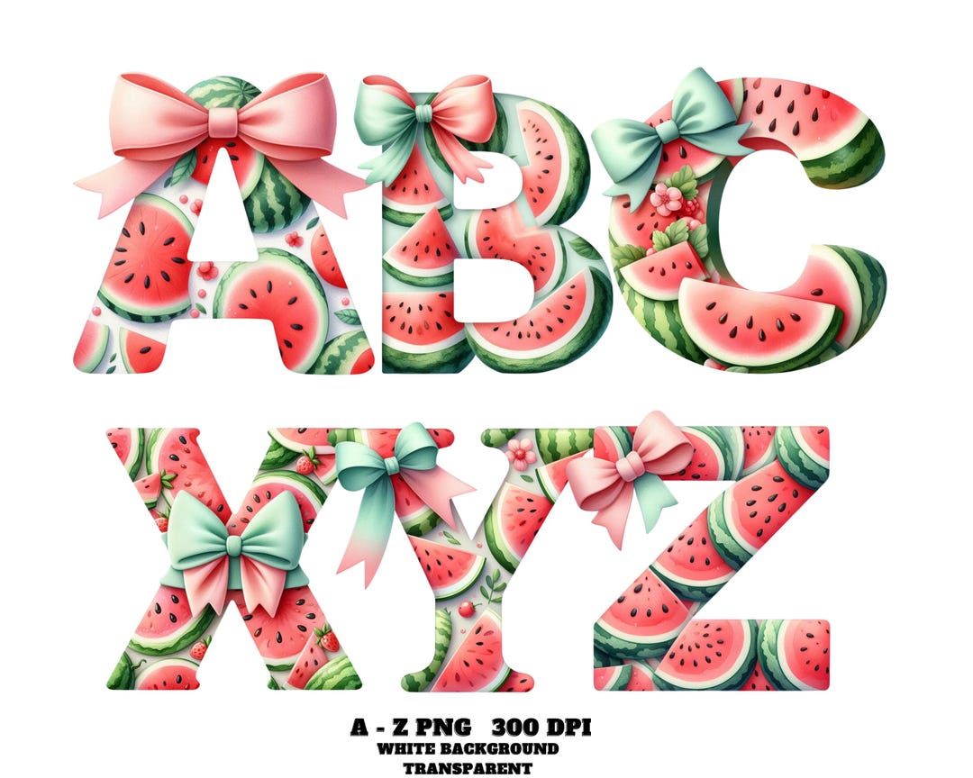 Watermelon Alphabet Clipart A–Z PNG, Watercolor Fruit Letters ...