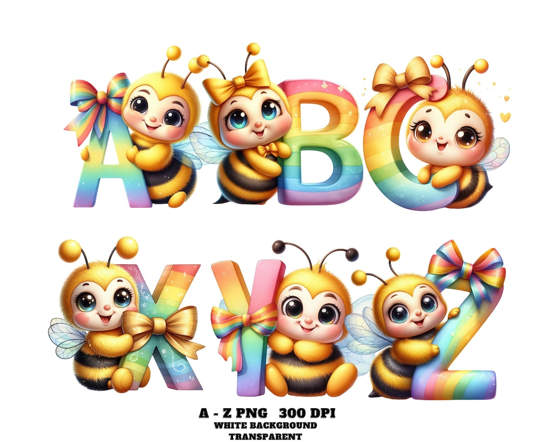 Cute Bee Alphabet Clipart A-Z PNG, Rainbow Honeybee Letters, Watercolor ...