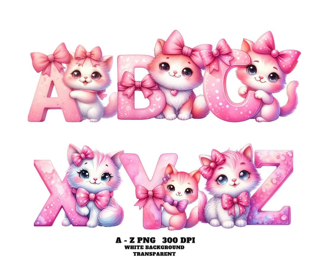 Cat Alphabet FONT PNG, Pink Cat Alphabet Clipart A–Z PNG, Cat Kids ...