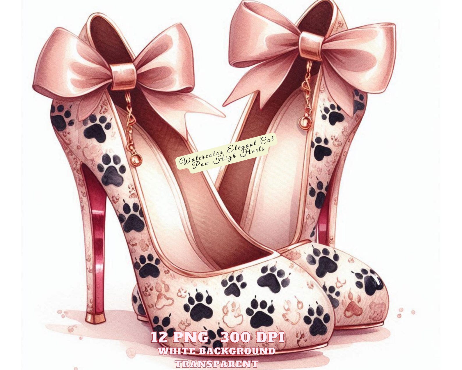 Watercolor Elegant Cat Paw High Heels Clipart, Stylish Heels With Cat ...