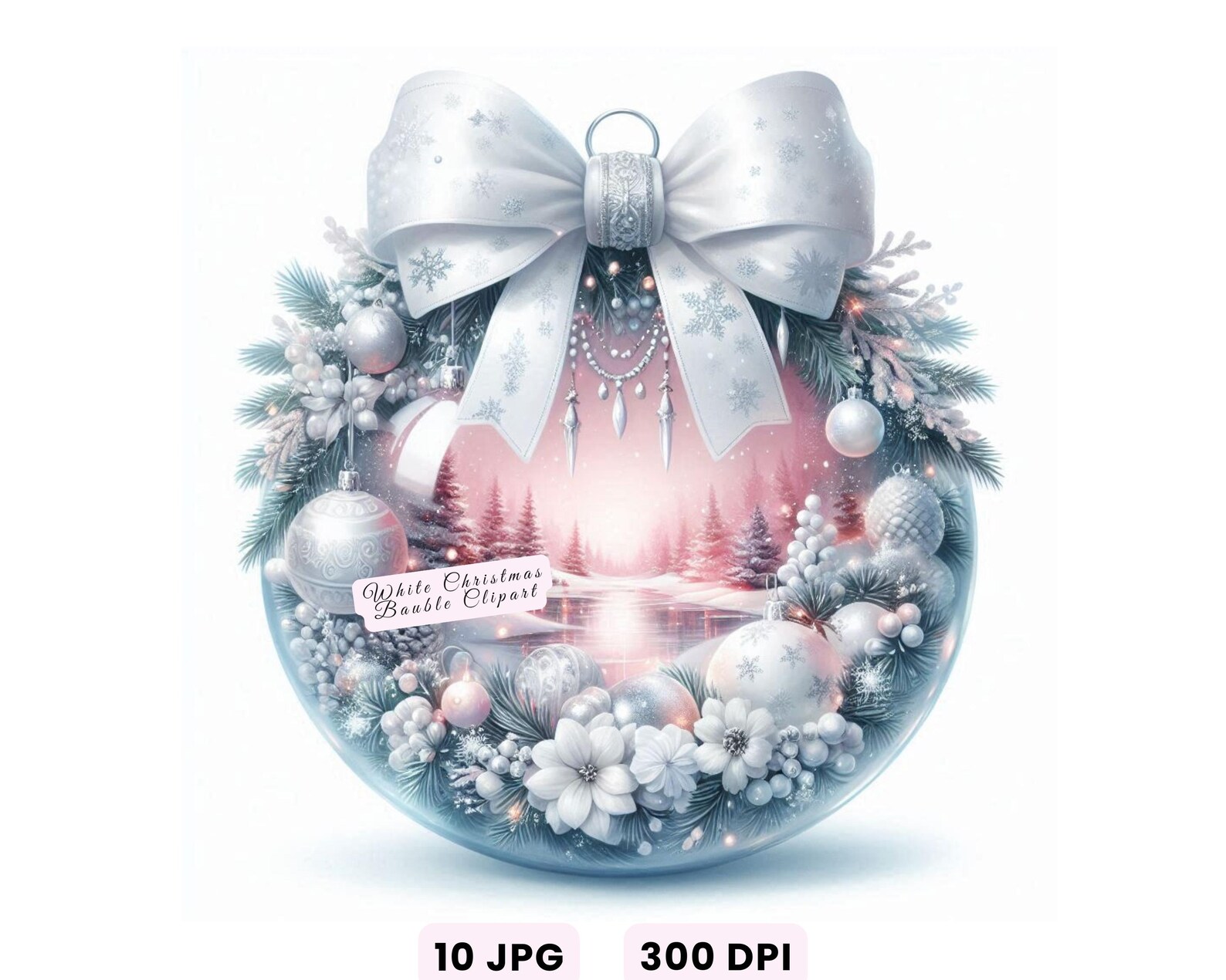 White Christmas Bauble Clipart, Watercolor Christmas Ornament Clipart ...