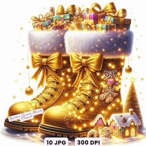 10 Golden Santa Boots Clipart, Christmas Watercolor, Glimmering Gold ...