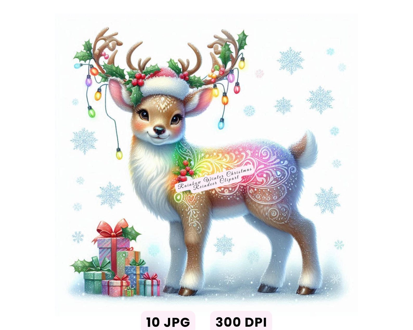 Christmas Animal Clipart, Reindeer Christmas Clipart, Rainbow Winter ...