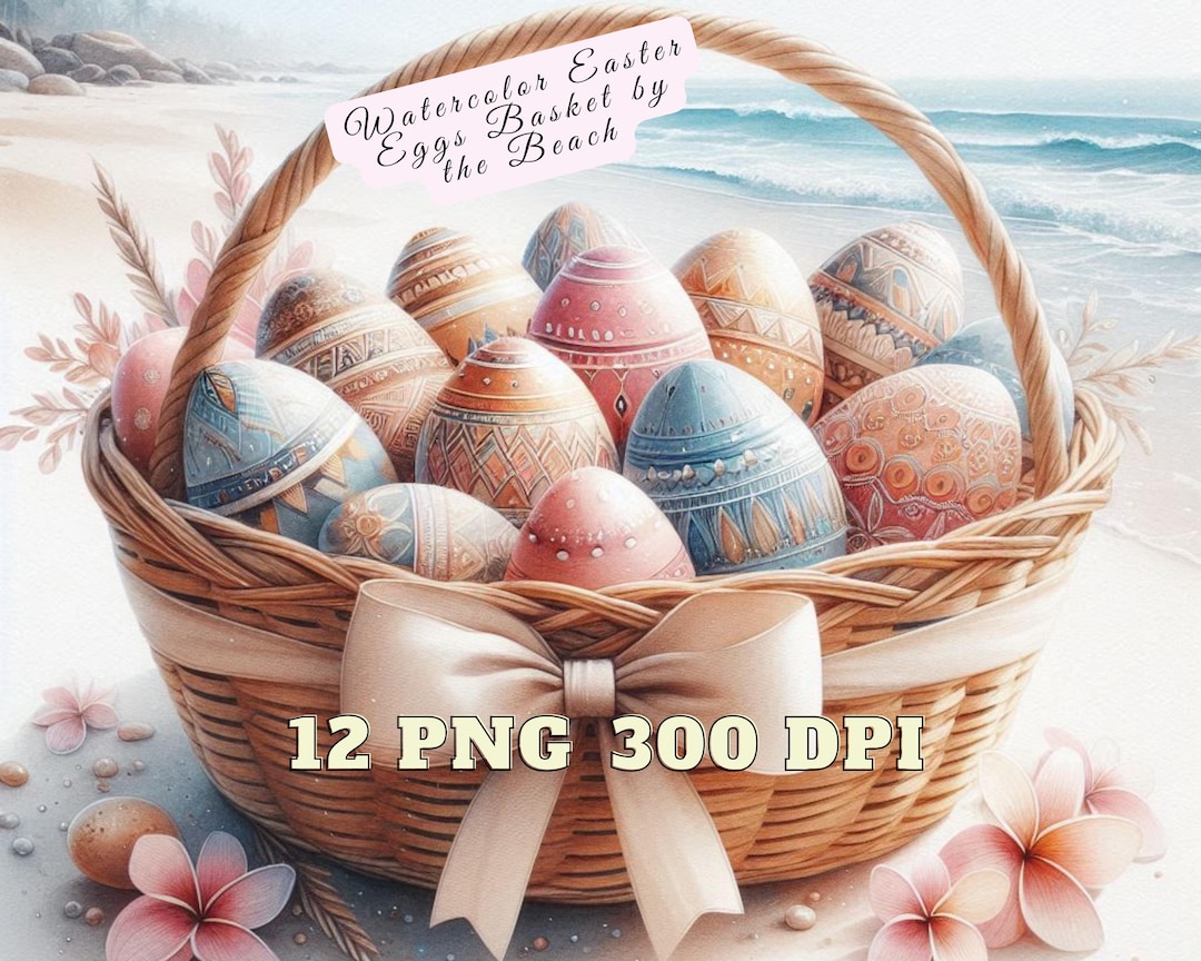 Watercolor Easter Eggs Basket by the Beach Clipart, 12 Nautical Easter ...