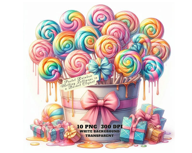 Lollipop Clipart, Pastel Rainbow Melting Lollipops in Bucket With Bow ...