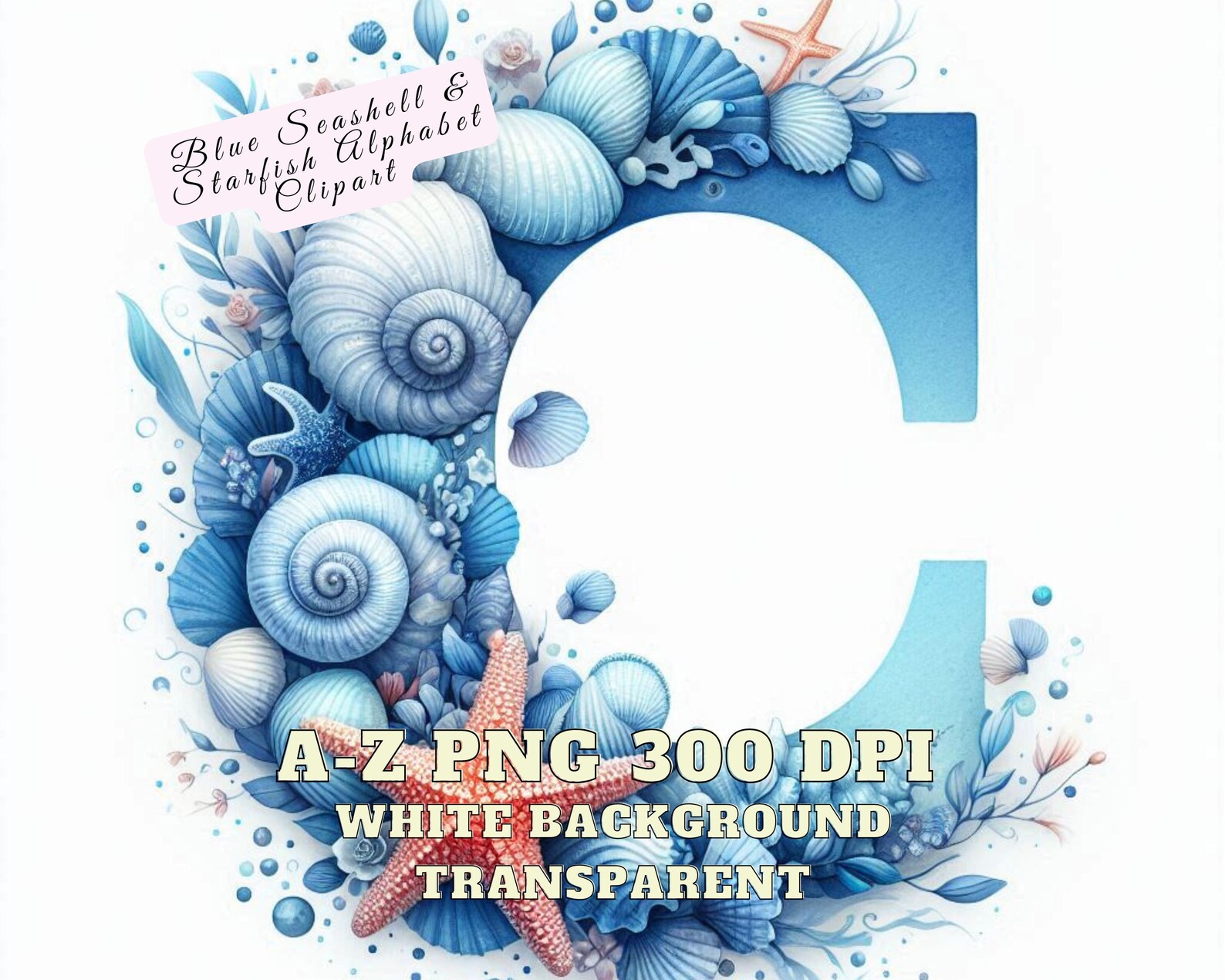 Seashell Alphabet Clipart, Blue Seashells & Starfish Alphabet Clipart ...