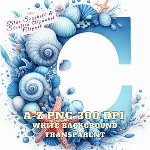 Seashell Alphabet Clipart, Blue Seashells & Starfish Alphabet Clipart ...