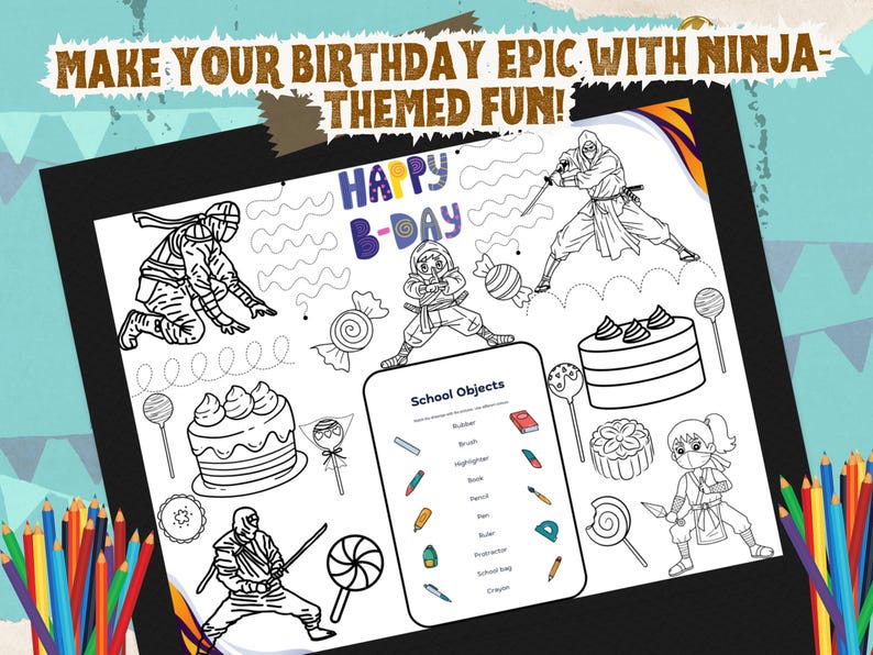 Ninja Birthday Party Coloring Sheet, Ninja Theme Party Favor Kids ...