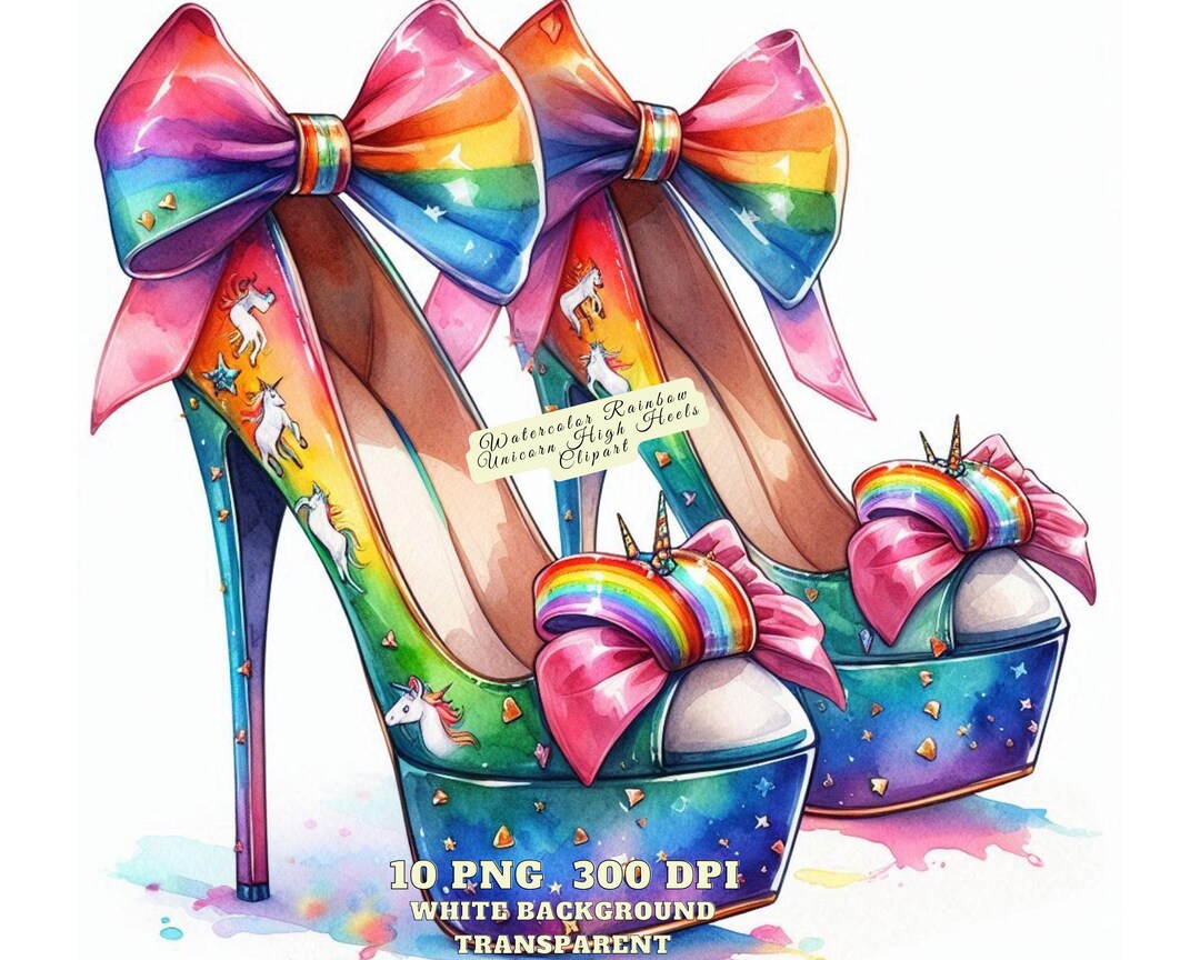 10 High Heels Clipart, Watercolor Rainbow Unicorn Stiletto Clipart ...