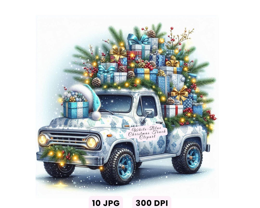 Christmas Gift Truck Clipart, White & Blue Christmas Truck Clipart ...