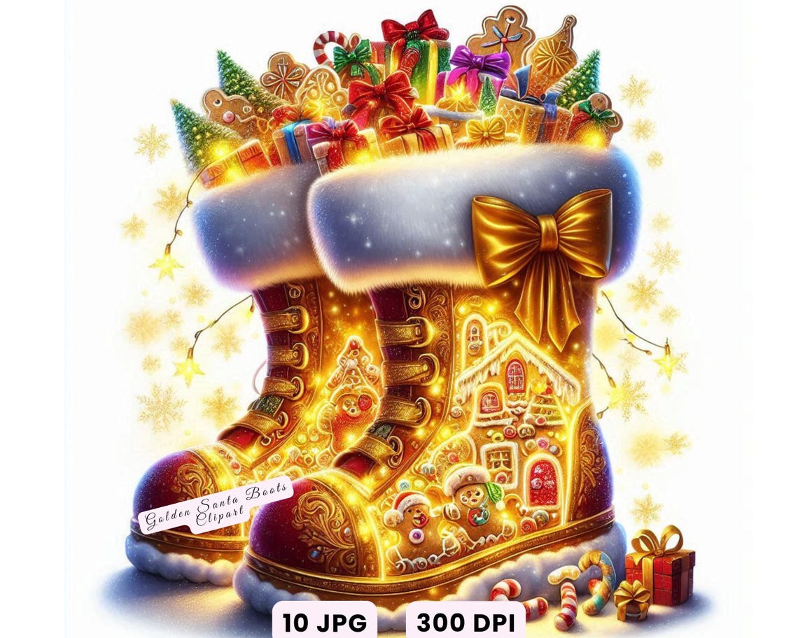 10 Golden Santa Boots Clipart, Christmas Watercolor, Glimmering Gold ...