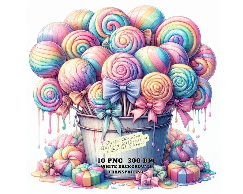 Lollipop Clipart, Pastel Rainbow Melting Lollipops in Bucket With Bow ...