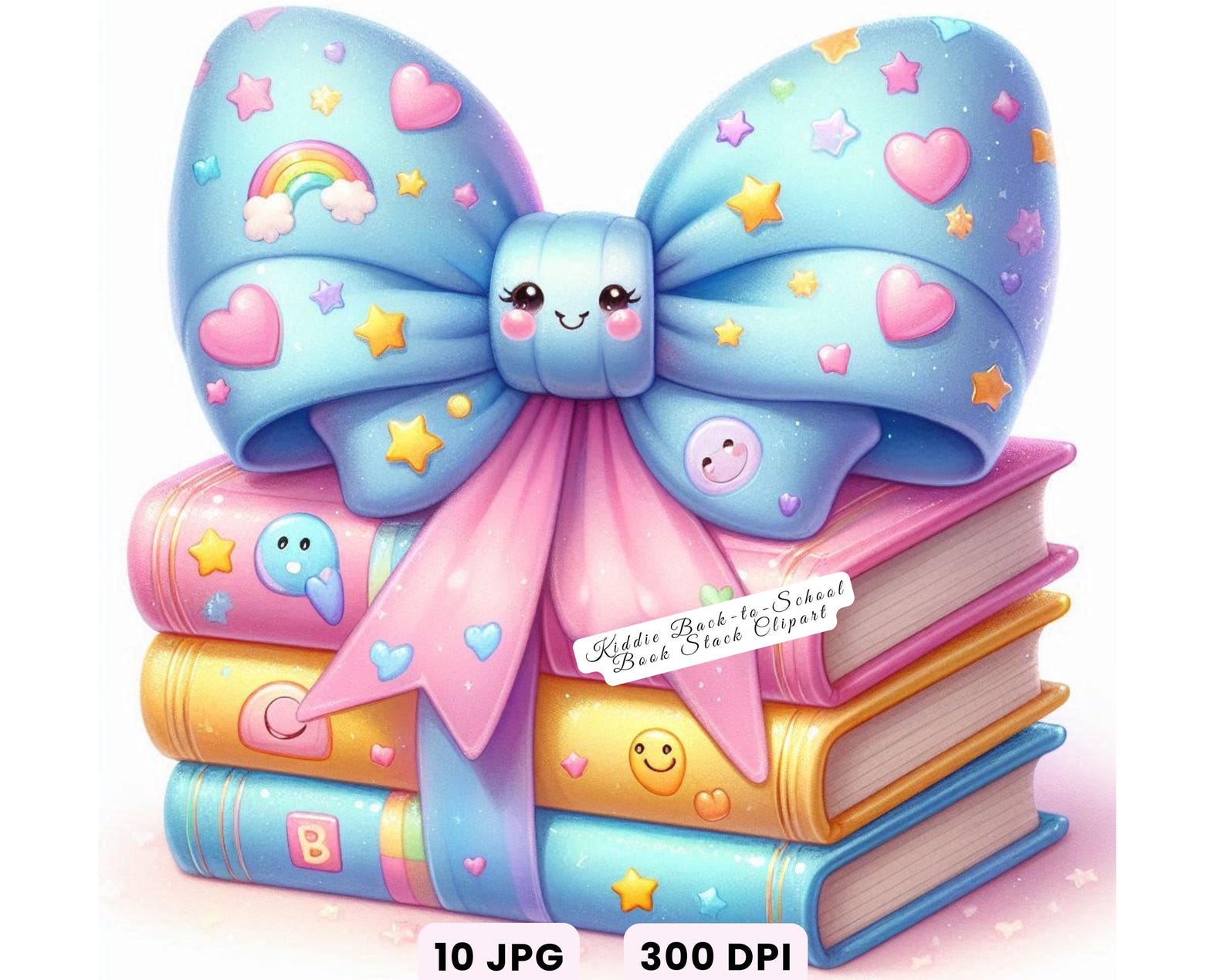 10 Book Clipart JPG, Kiddie Back-to-school Book Stack With Bow, Cute ...