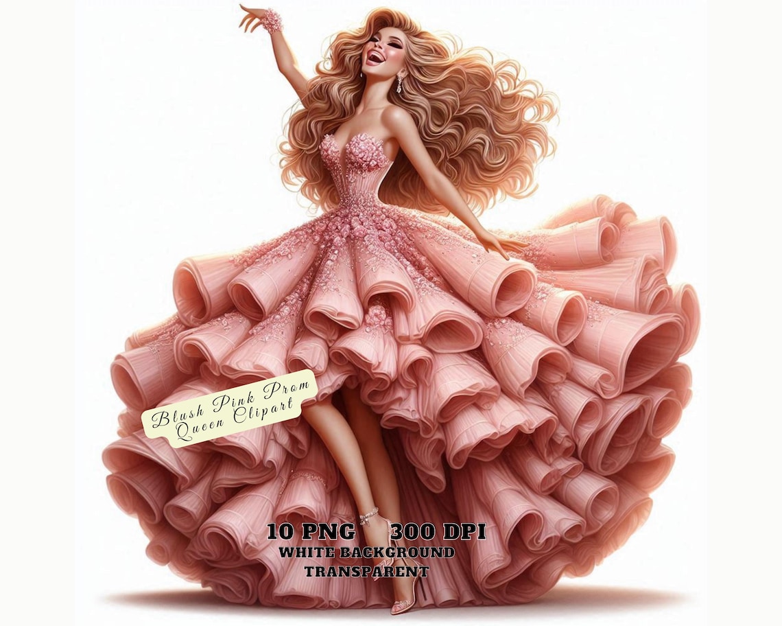 Blush Pink Prom Girl Clipart, Prom Queen PNG, Watercolor Fashion ...