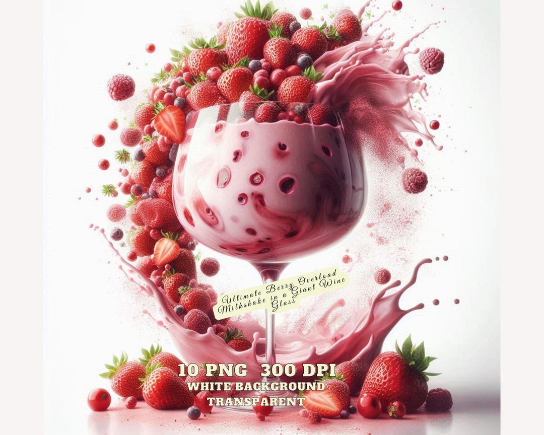 Ultimate Berry Overload Milkshake in Giant Wine Glass Clipart, Fruity Dessert Art, Digital ...
