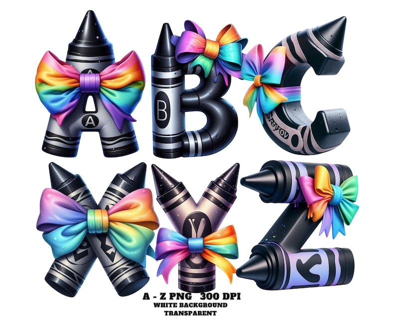 Black Crayons Alphabet Clipart, Watercolor Crayon Letters A-Z PNG, Back ...