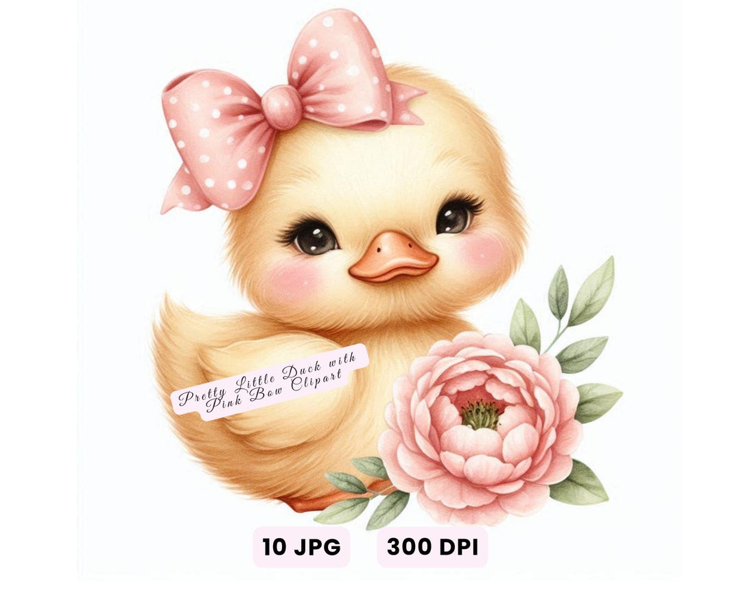 Duck Clipart, Cute Duck JPG, Cute Little Girly Yellow Duck With Pink ...