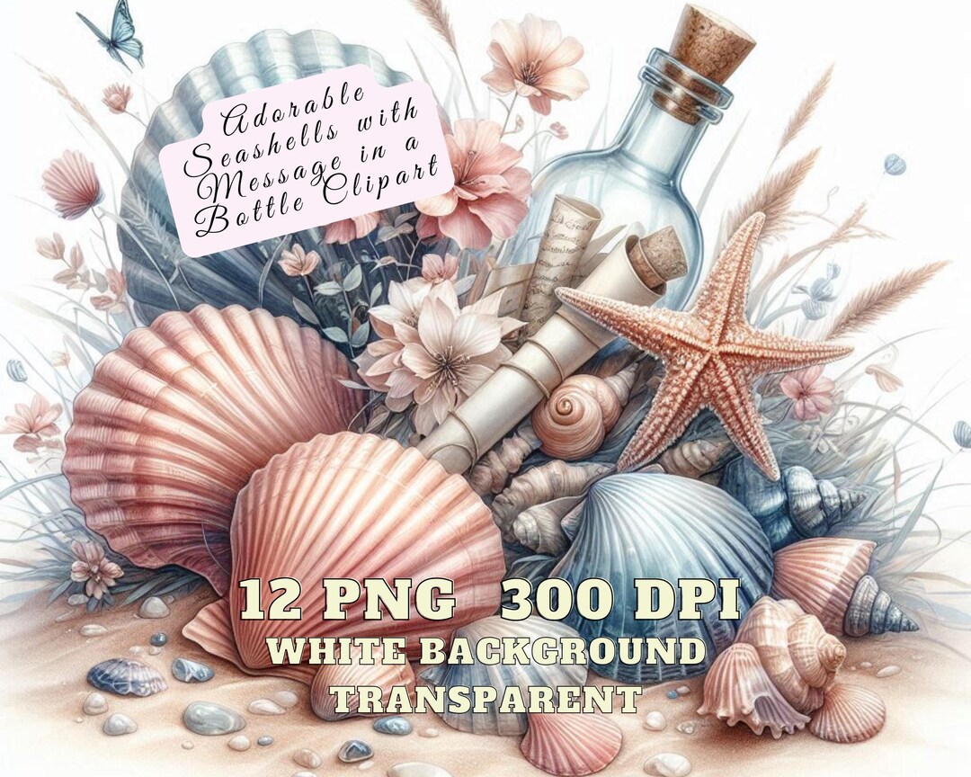 Aquarell Muscheln Clipart, 12 Entzückende Muscheln mit Nachricht in ...