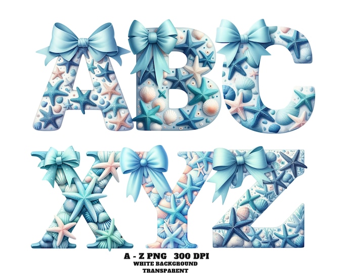 Beach Alphabet Clip Art: Seashell Ocean Letters, Coastal Numbers (PNG ...