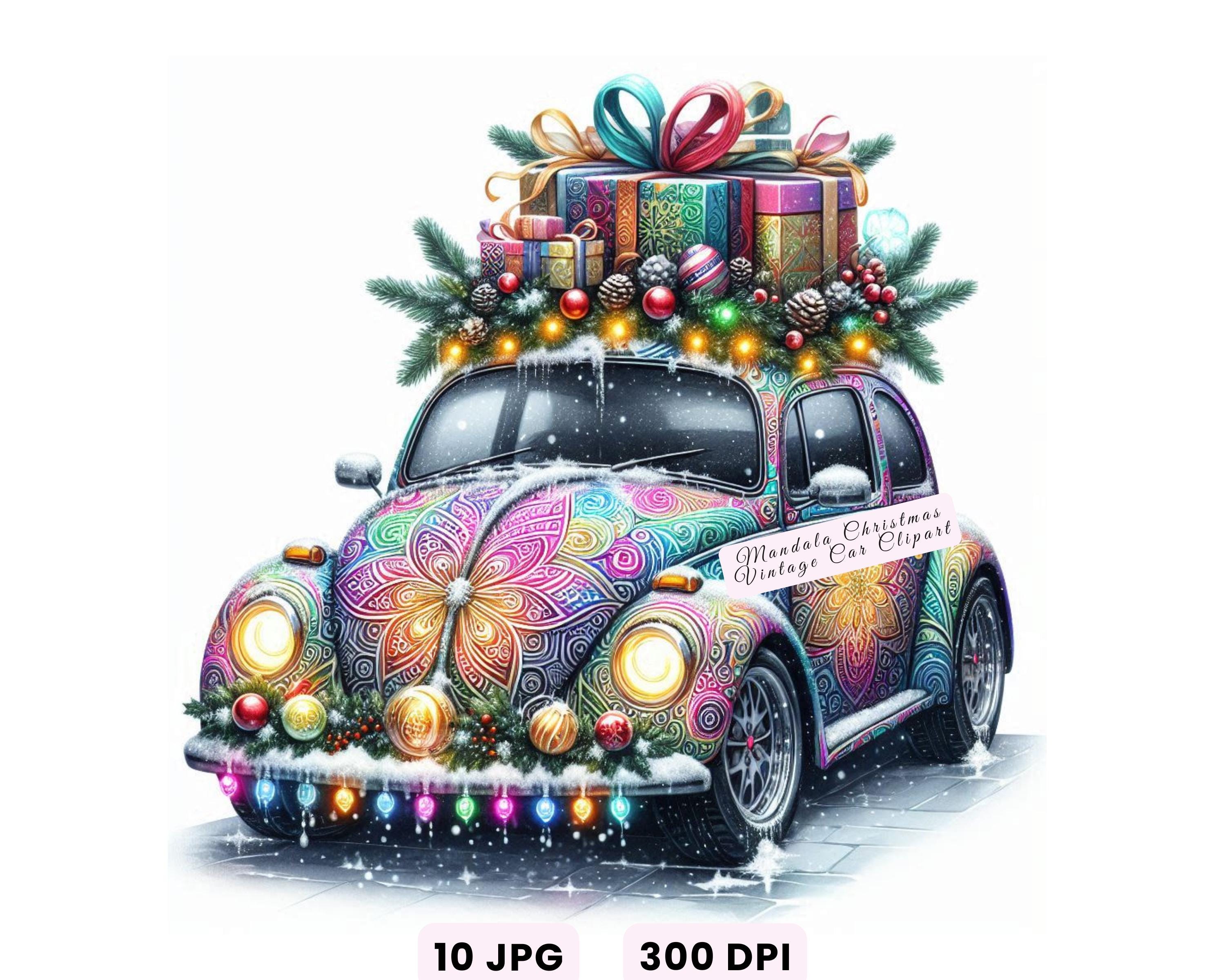 Christmas Vintage Car Clipart, 10 Mandala Retro Car Clipart, Holiday ...