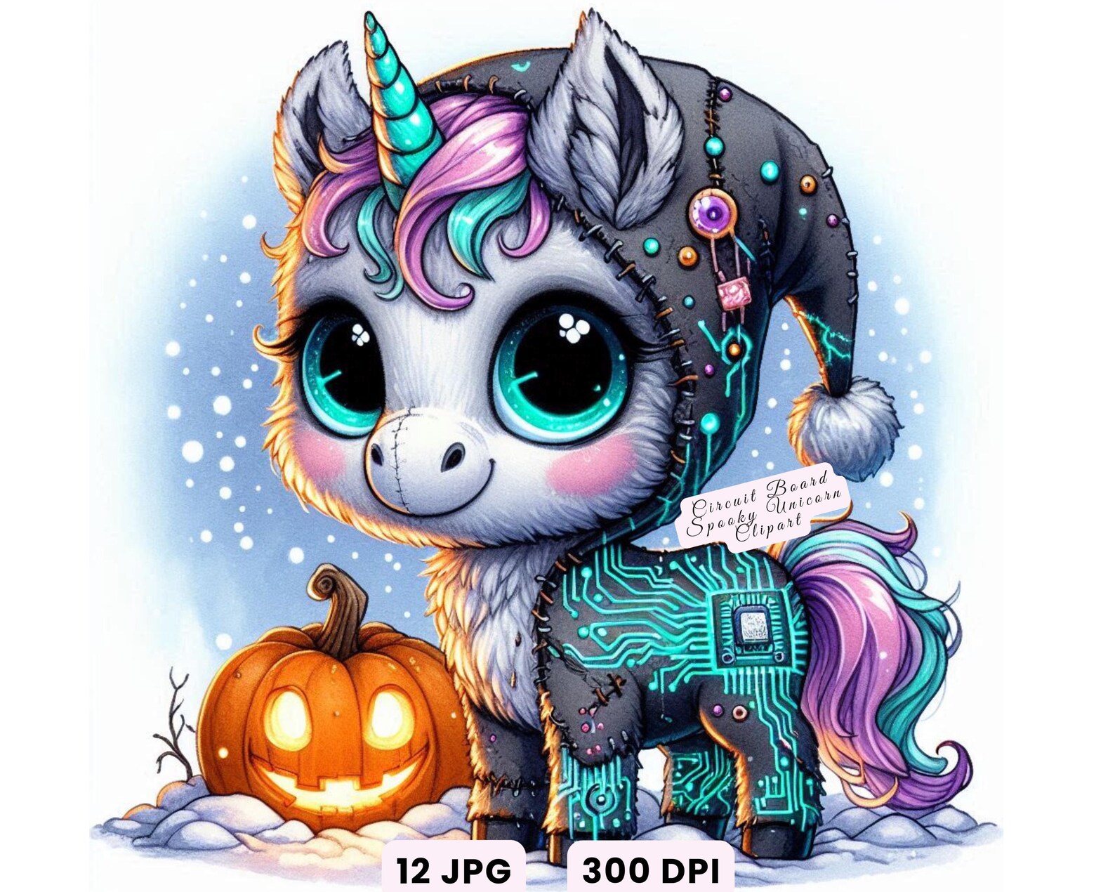 Spooky Cute Unicorn Clipart, Spooky Tech Pattern JPG, Creepy Cute ...