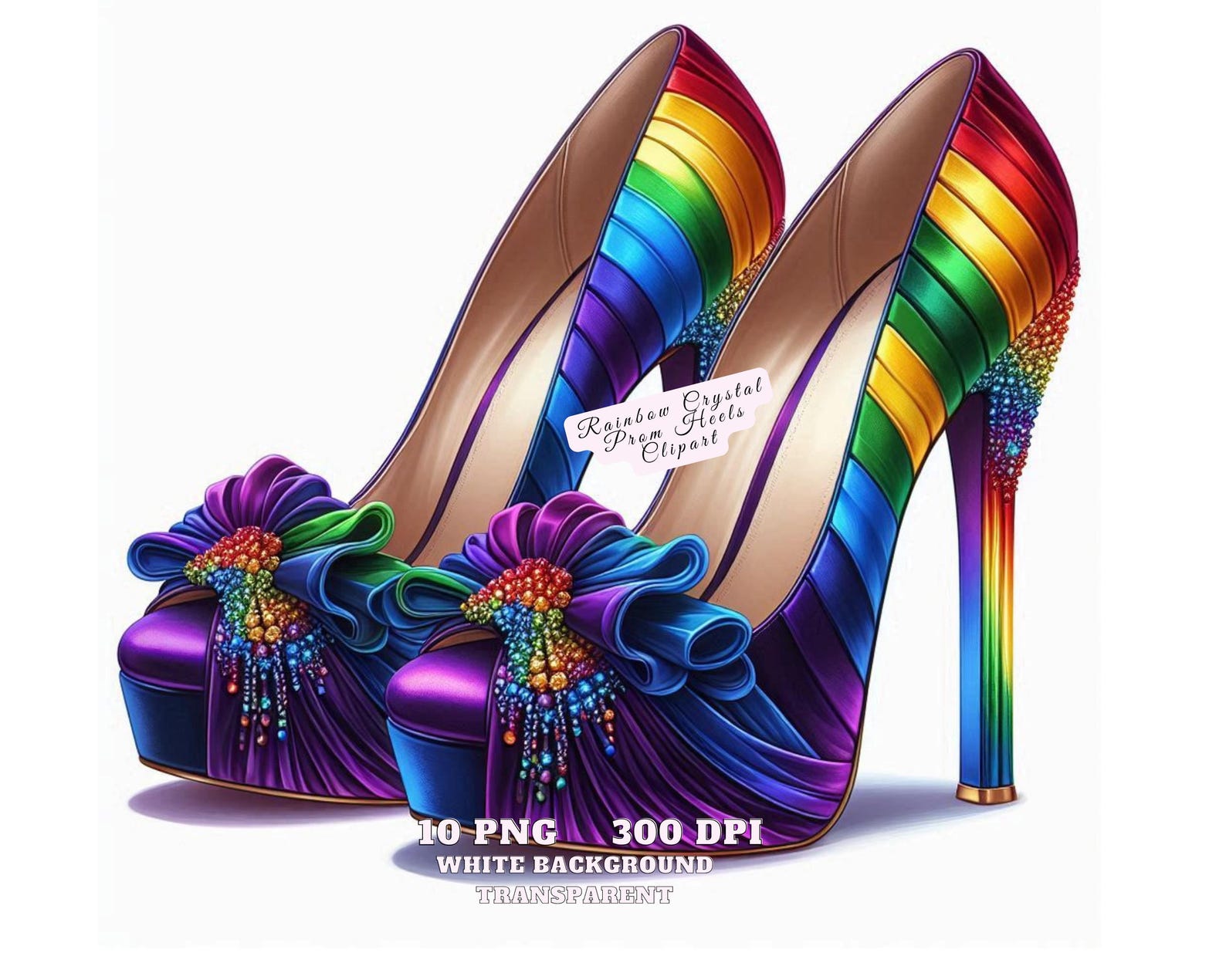 Rainbow Crystal Prom Heels Clipart, Sparkly High Heel PNG, Fashion Shoe ...