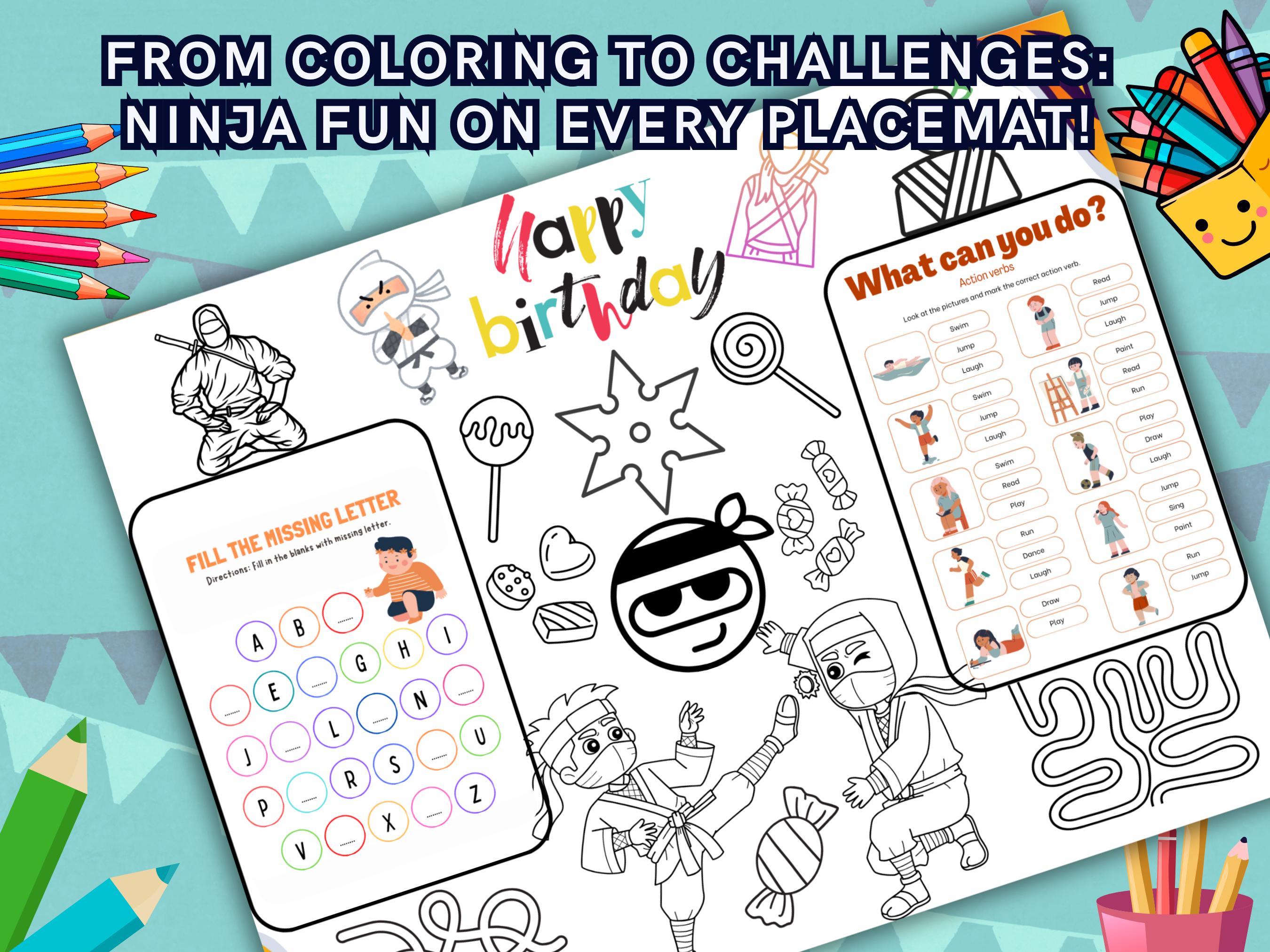 Ninja Birthday Party Coloring Sheet, Ninja Theme Party Favor Kids ...