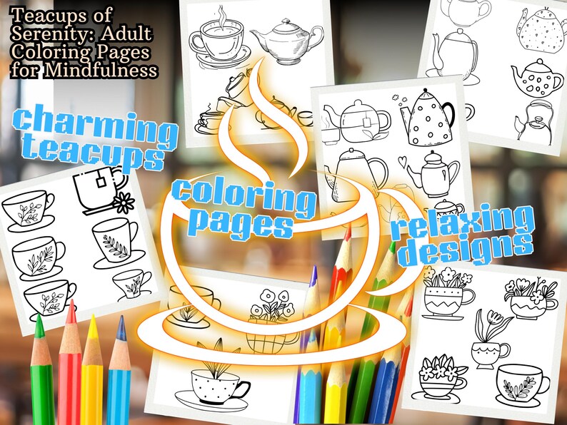 Teacups Printable Coloring Pages, Adult Coloring Cups of Tea, Digital ...