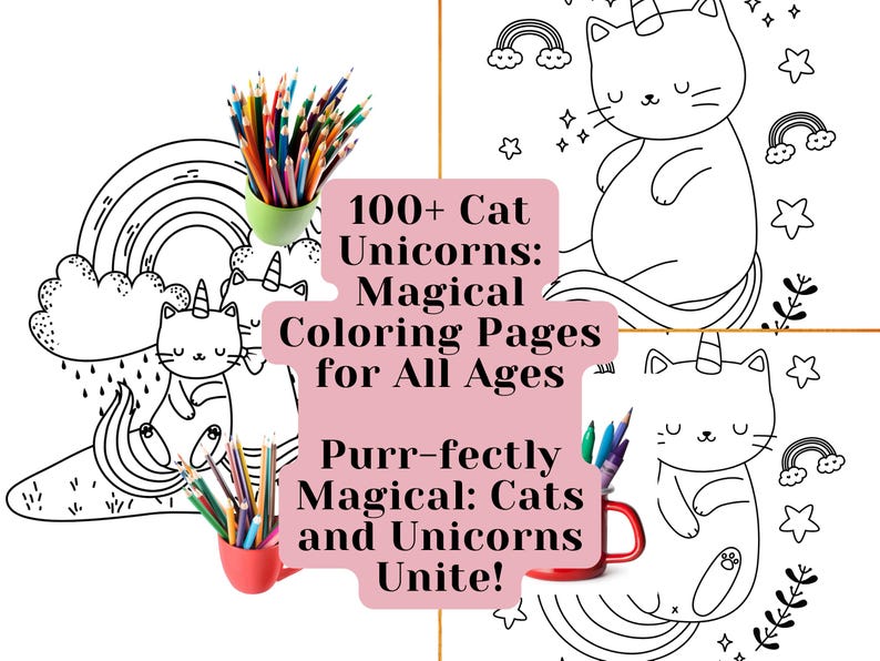 Unicorn Cat Coloring Pages for Kids, Kittycorn Coloring Book, Cute ...
