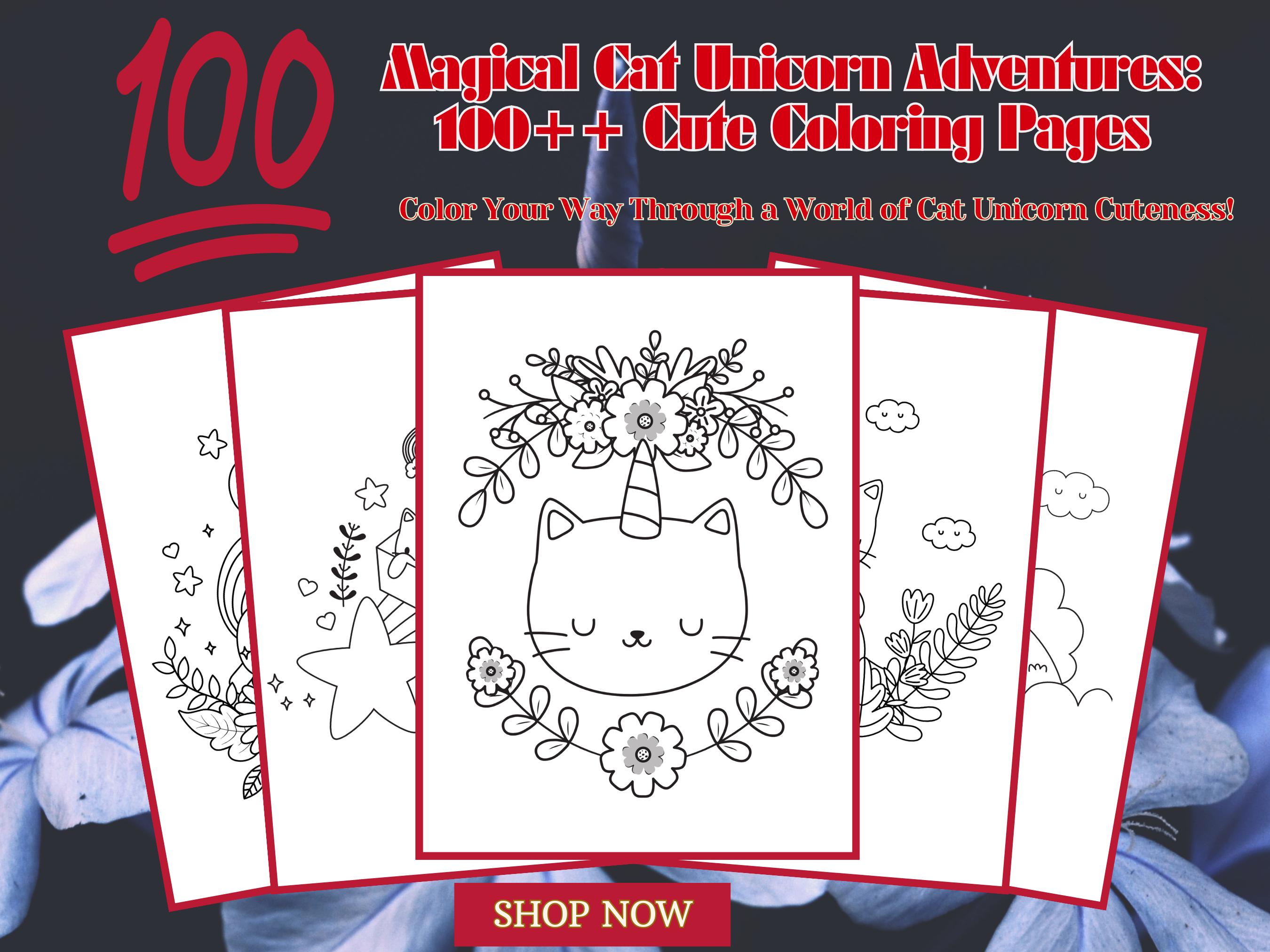 Unicorn Cat Coloring Pages for Kids, Kittycorn Coloring Book, Cute ...