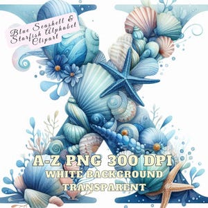 Seashell Alphabet Clipart, Blue Seashells & Starfish Alphabet Clipart ...