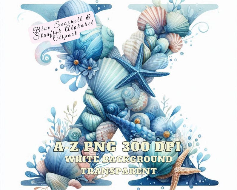Seashell Alphabet Clipart, Blue Seashells & Starfish Alphabet Clipart ...