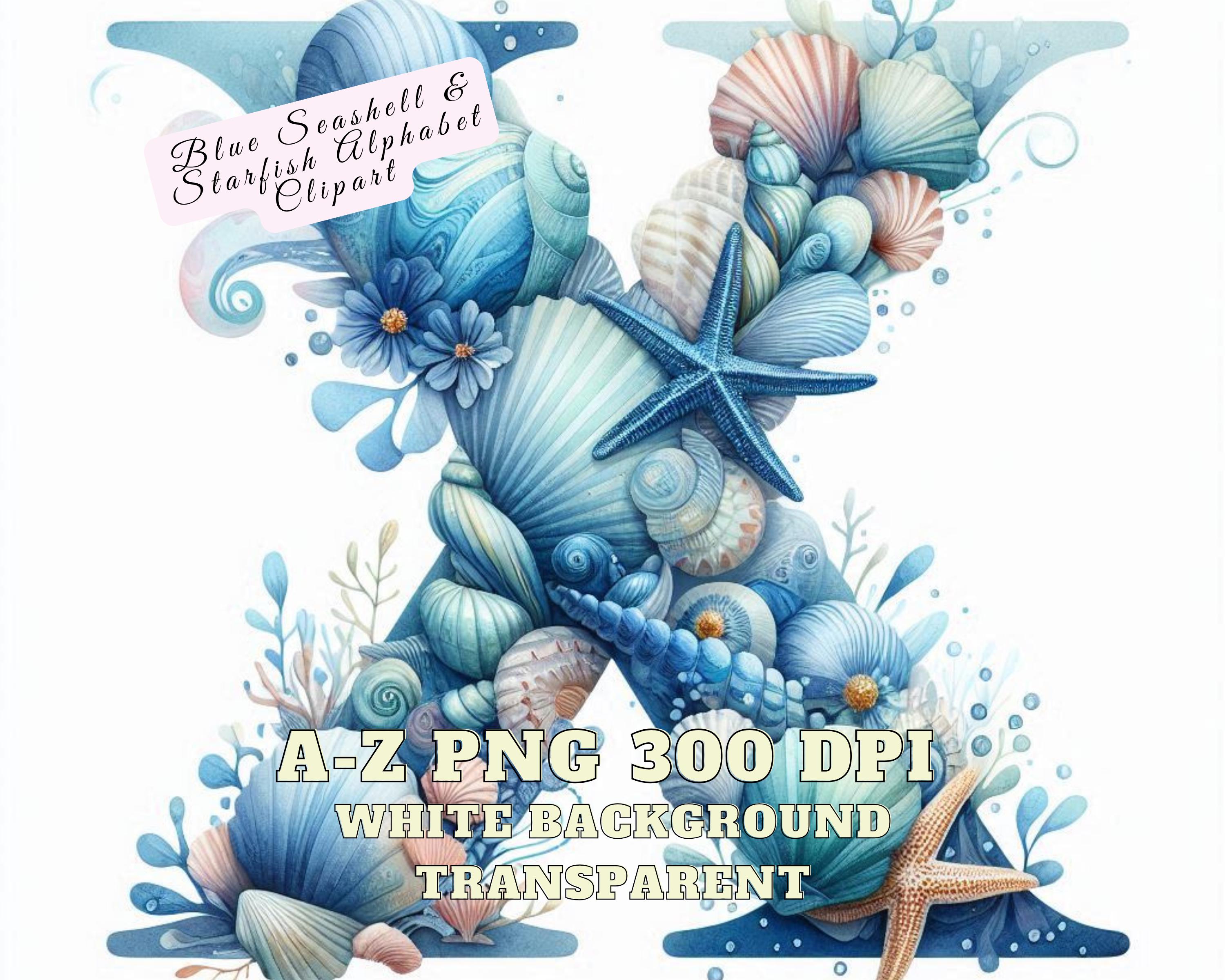 Seashell Alphabet Clipart, Blue Seashells & Starfish Alphabet Clipart ...