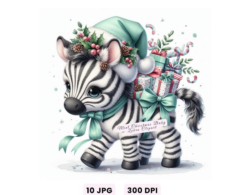 Baby Zebra Christmas Clipart PNG, 10 Cute Safari Animals in Santa Hats ...