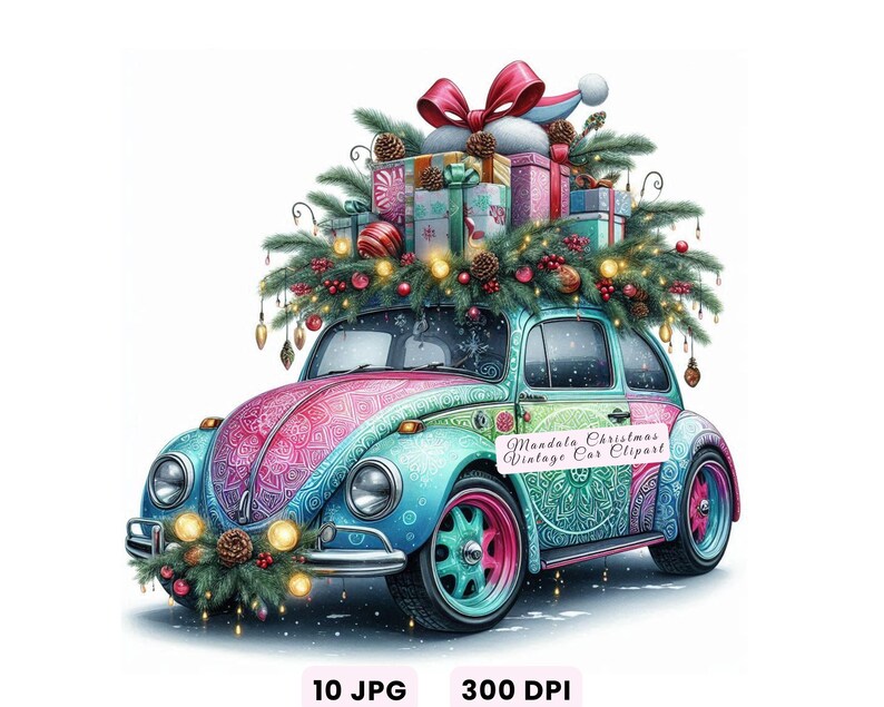 Christmas Vintage Car Clipart, 10 Mandala Retro Car Clipart, Holiday ...