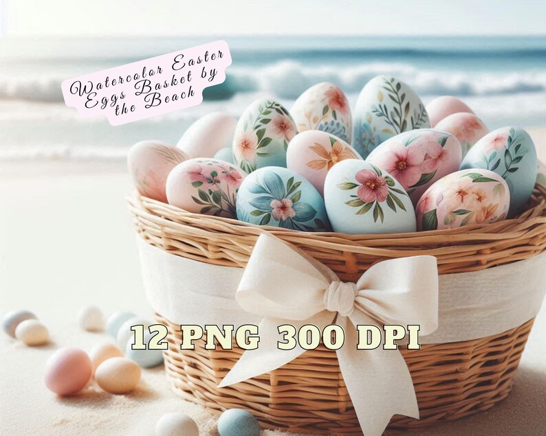 Watercolor Easter Eggs Basket by the Beach Clipart, 12 Nautical Easter ...
