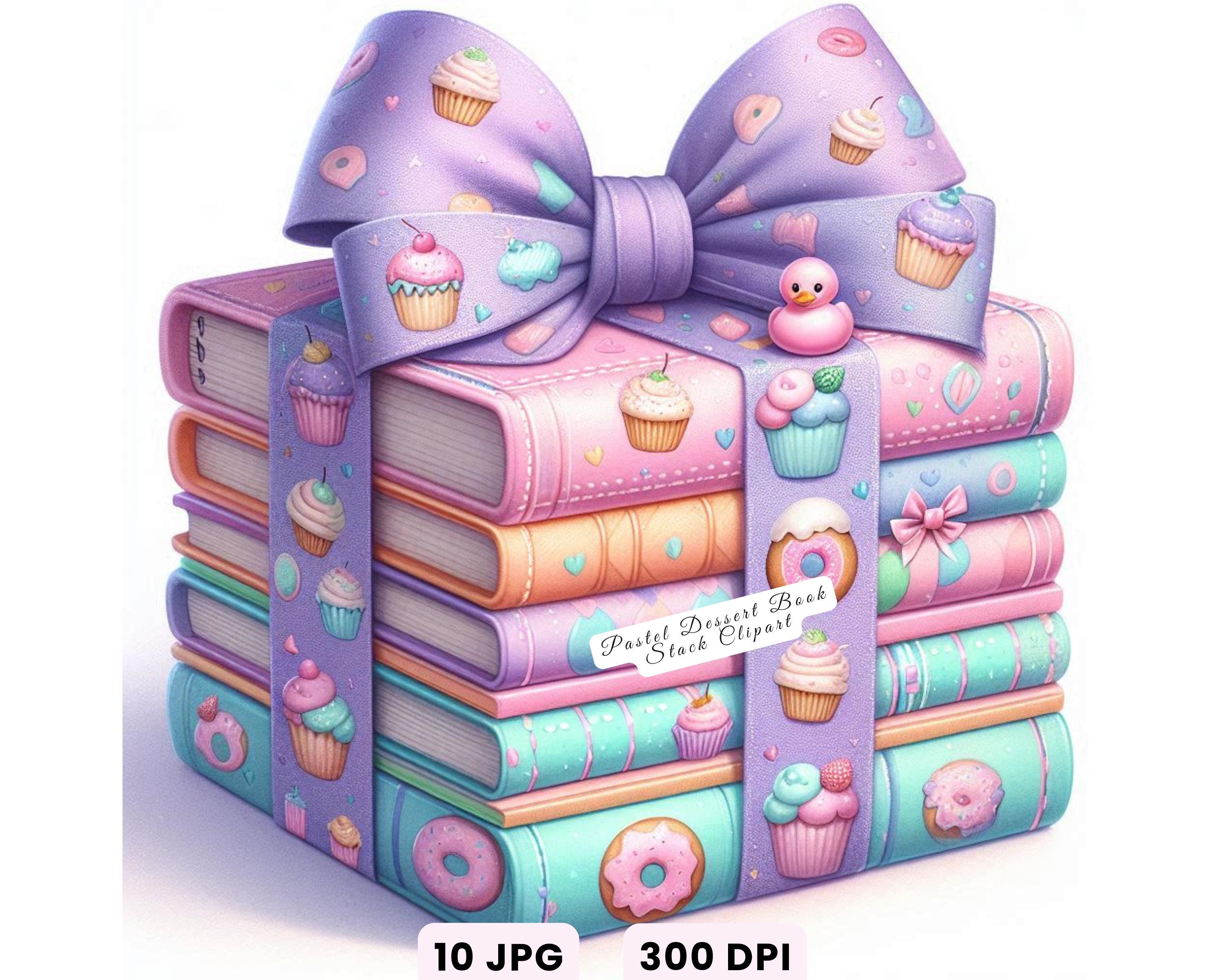 10 Book Stack With Bow Clipart JPG, Pastel Dessert Book Stack PNG Cute ...
