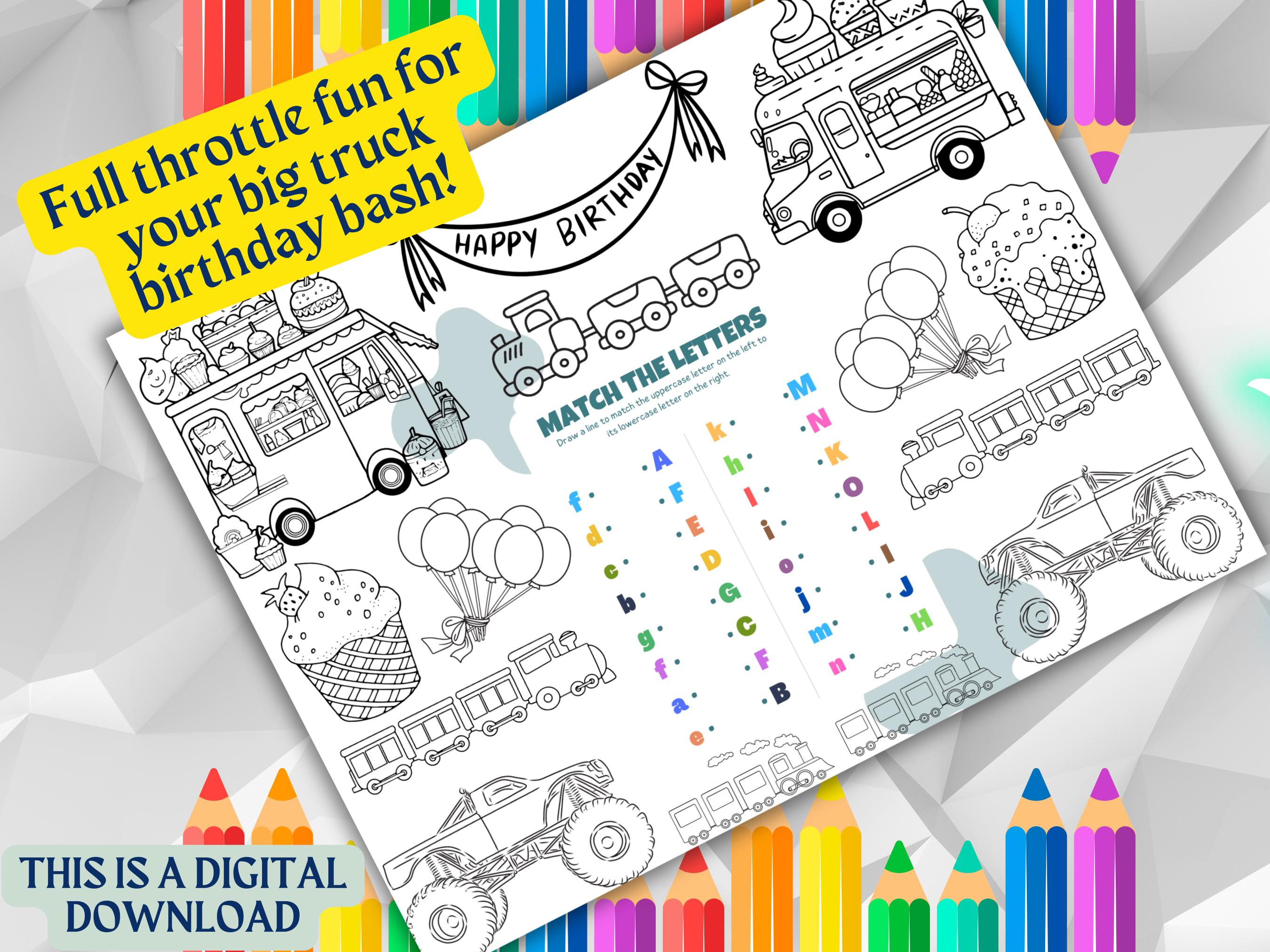 Birthday Monster Big Truck Birthday Placement Activity Sheets ...