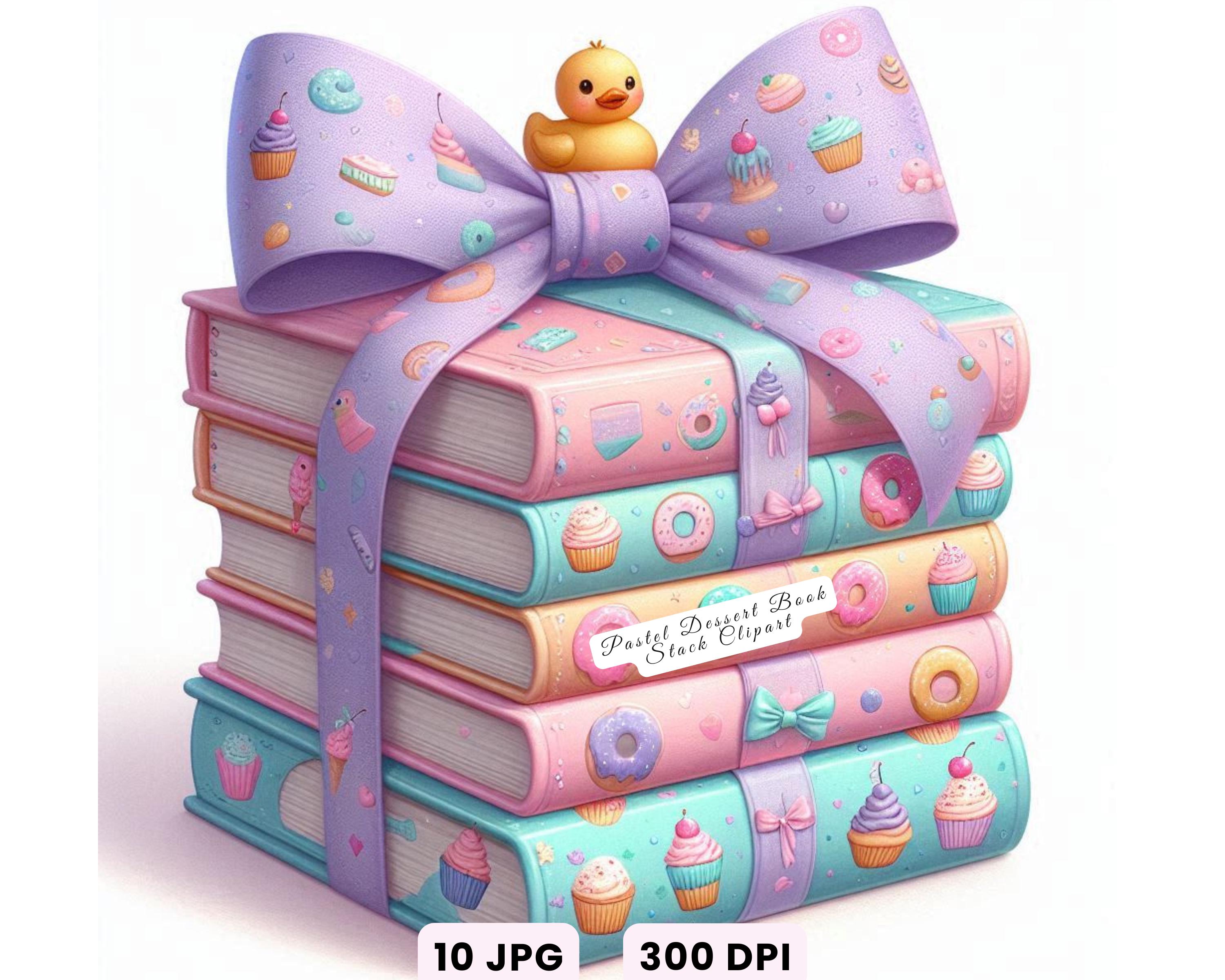 10 Book Stack With Bow Clipart JPG, Pastel Dessert Book Stack PNG Cute ...