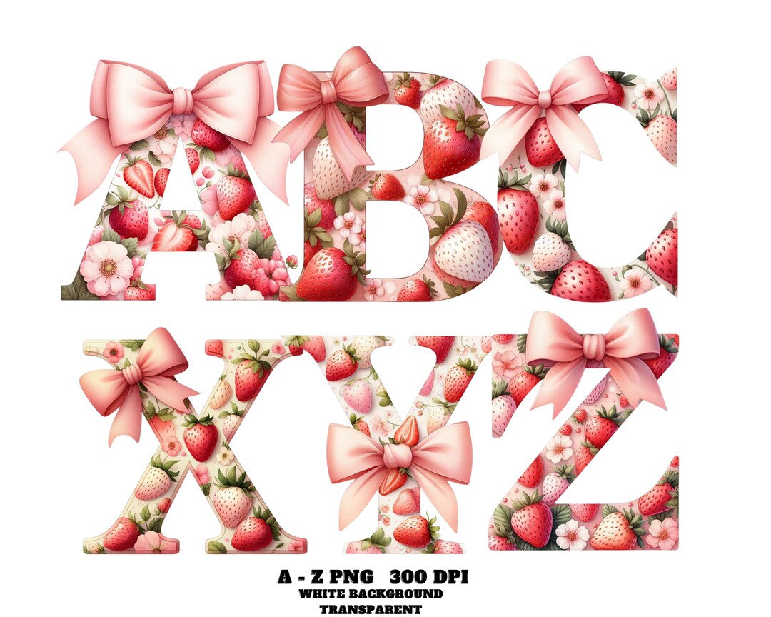 Strawberry Alphabet Clipart: Watercolor A-Z Letters With Bows (PNG ...