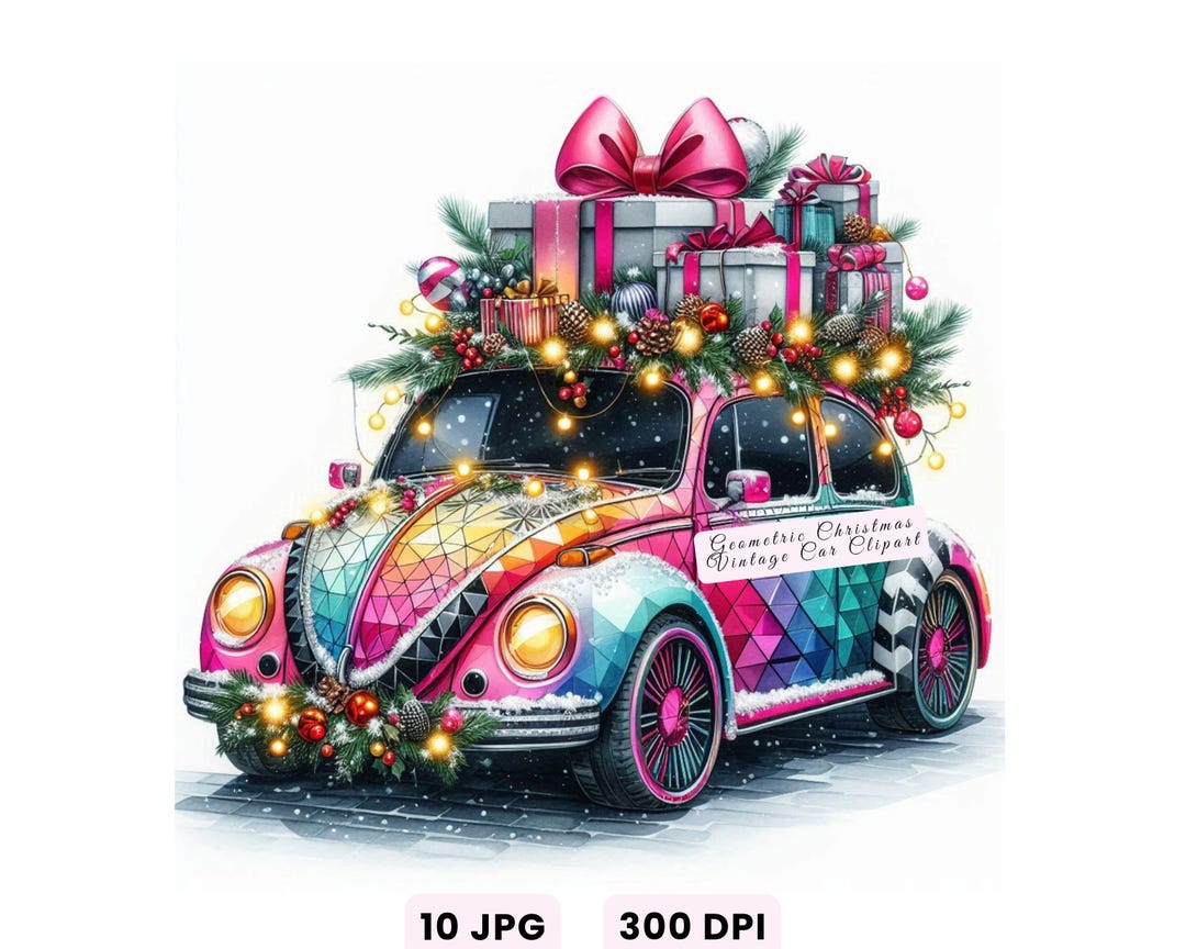 Christmas Clipart, Geometric Christmas Vintage Car Clipart, Festive ...