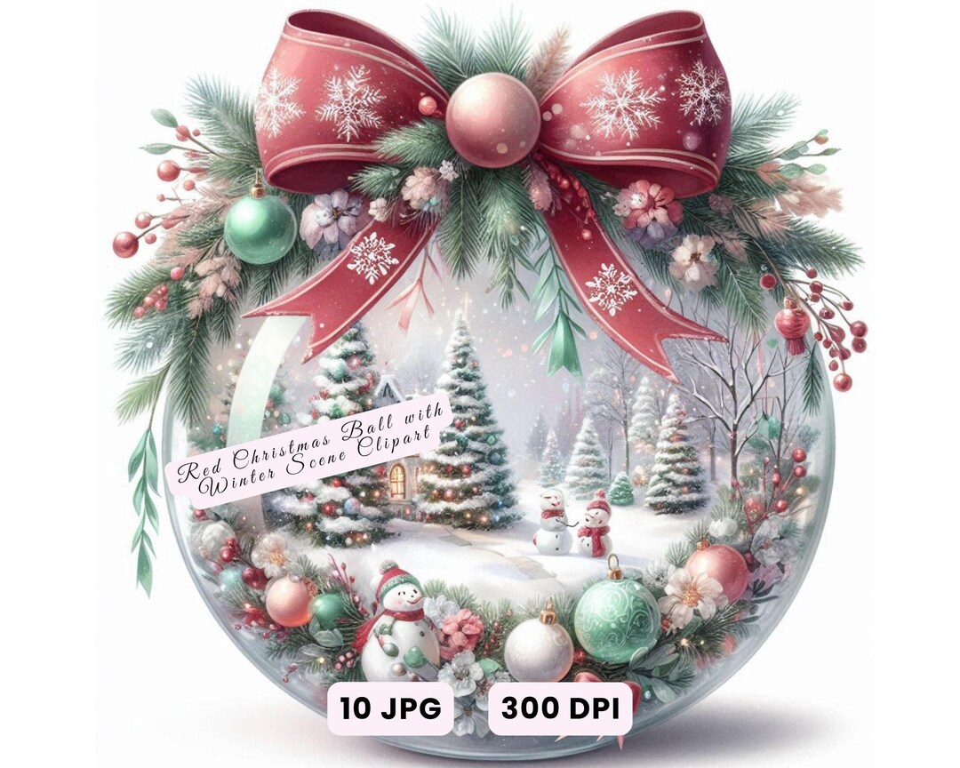 Red Christmas Ball Clipart With Winter Scene, Holiday Ornament JPG With ...