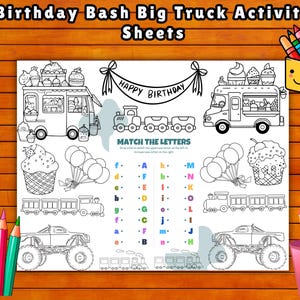 Birthday Monster Big Truck Birthday Placement Activity Sheets ...