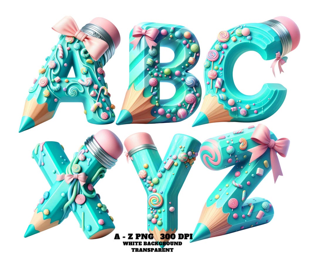 Pencil Alphabet Clipart, Turquoise Candy Letters PNG, Sweet Pencil Font ...